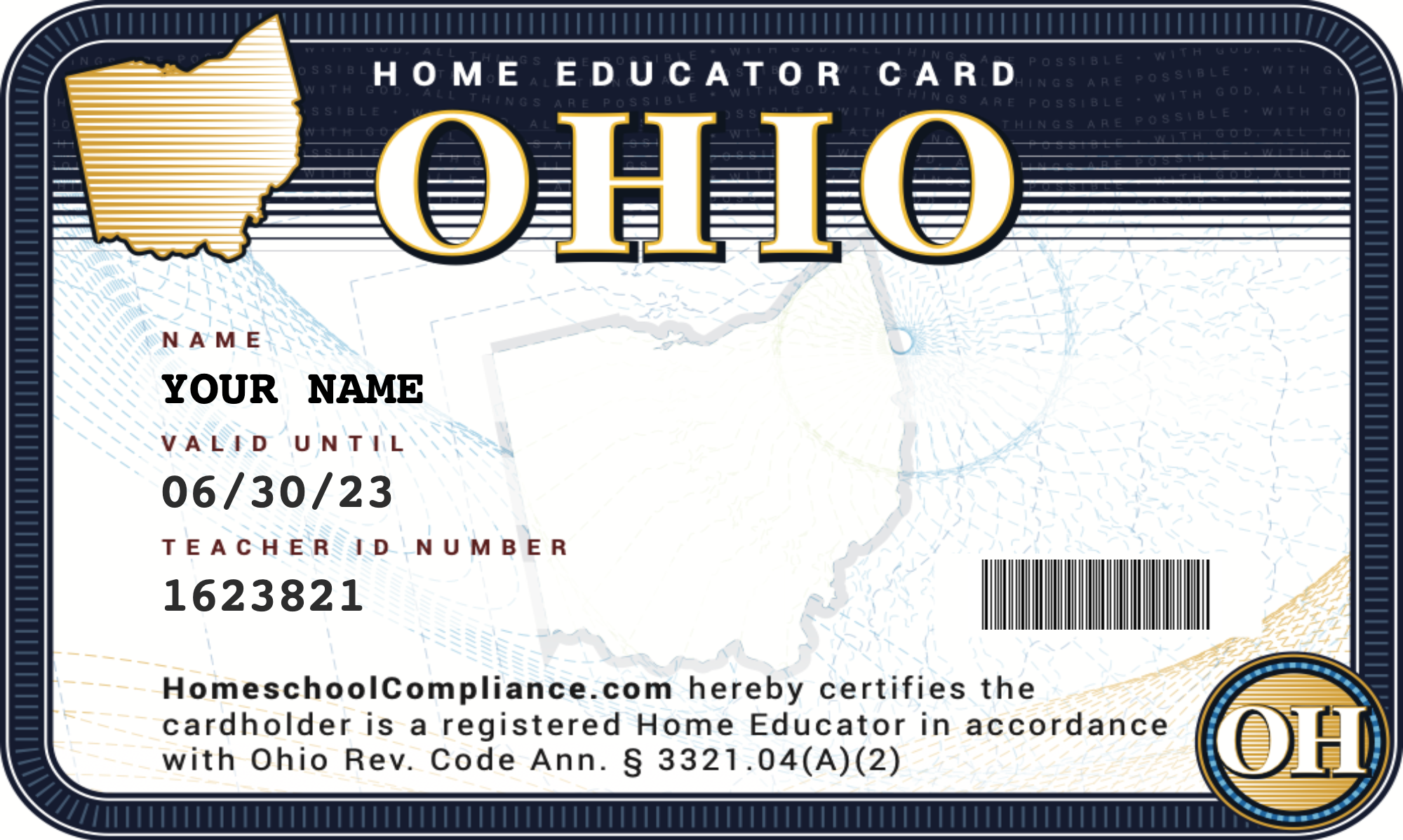 OH Homeschool Teacher ID Card